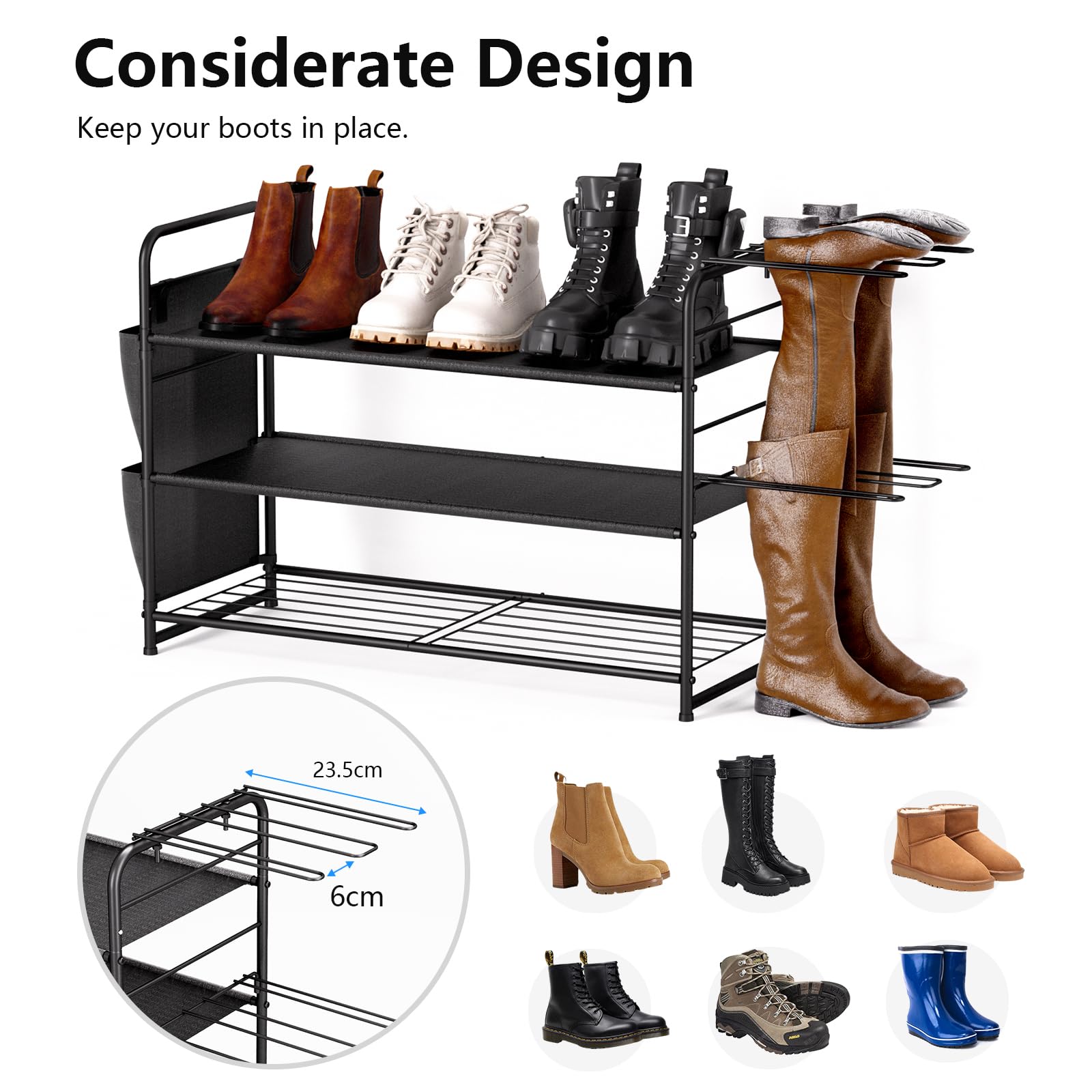 CLESOO Shoe Rack Storage Organizer 3-Tier Freestanding Metal Shoe Rack, Stackable Combination Shoe Rack with Side Pockets and Boot Organizer Rack Suitable for Entrances, Corridors, Garages