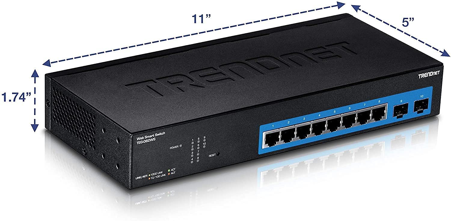 TRENDnet 10-Port Gigabit Web Smart Switch, 20 Gbps Switching Capacity, 8 x RJ-45 Ports, 2 x SFP, Slots, VLAN, QoS, LACP, IPv6 Support, Fanless, Rack Mountable, Lifetime Protection, TEG-082WS Black
