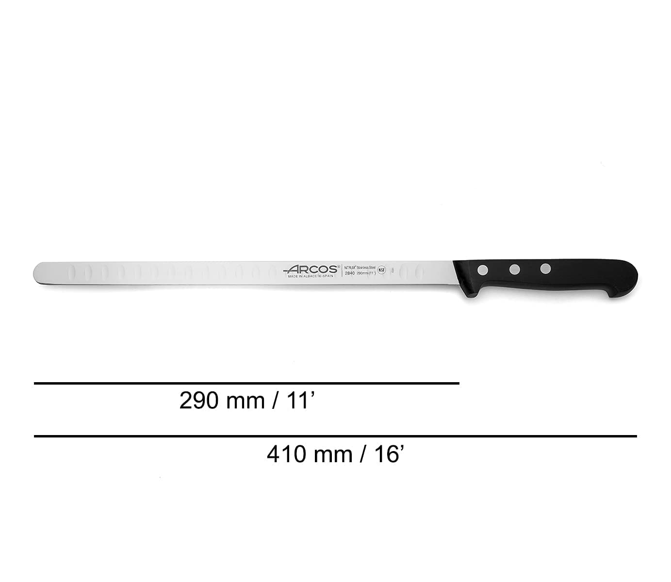 ARCOS Salmon Knife / Fish Knife 11 Inch Nitrum Stainless Steel and 290 mm blade. Ergonomic Polyoxymethylene POM Handle. Series Universal. Long, sturdy blade and serrated edge. Easily cuts. Color Black