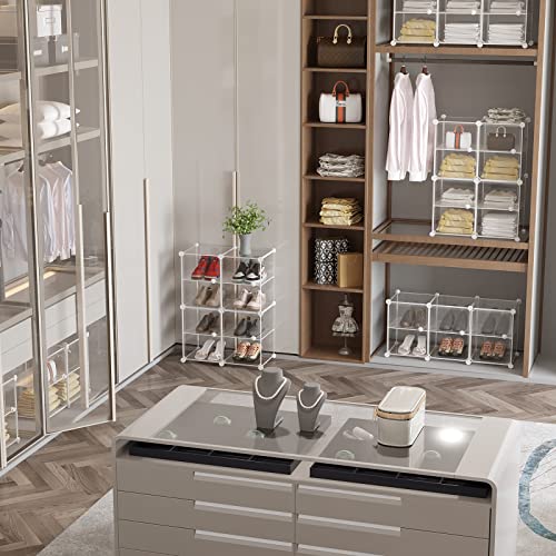 Clear Closet Organizer, 8-Cube Plastic Storage Shelves Cabinet with Handle/Square Metal Grid Shelving/Hammer,Multi-functional Storage Bins for Home, Closet, Bedroom, Office (11.8x23.7x31.5 inch)
