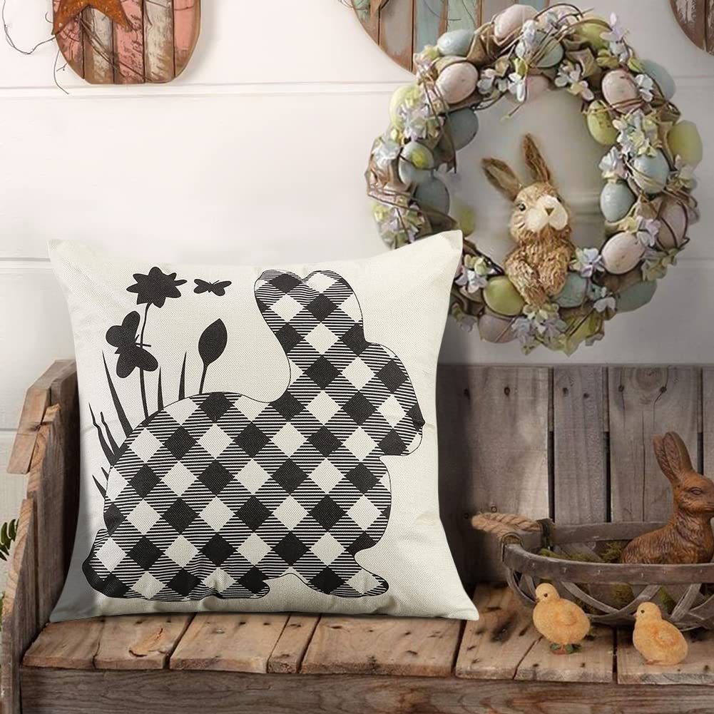 Ohok Easter Pillow Covers 18x18 Set of 4 Spring Pillow Covers Black and White Striped Rabbit Basket Decorative Pillow Covers for Farmhouse Home Decor Sofa Couch Chair Bed Bedroom Living Room