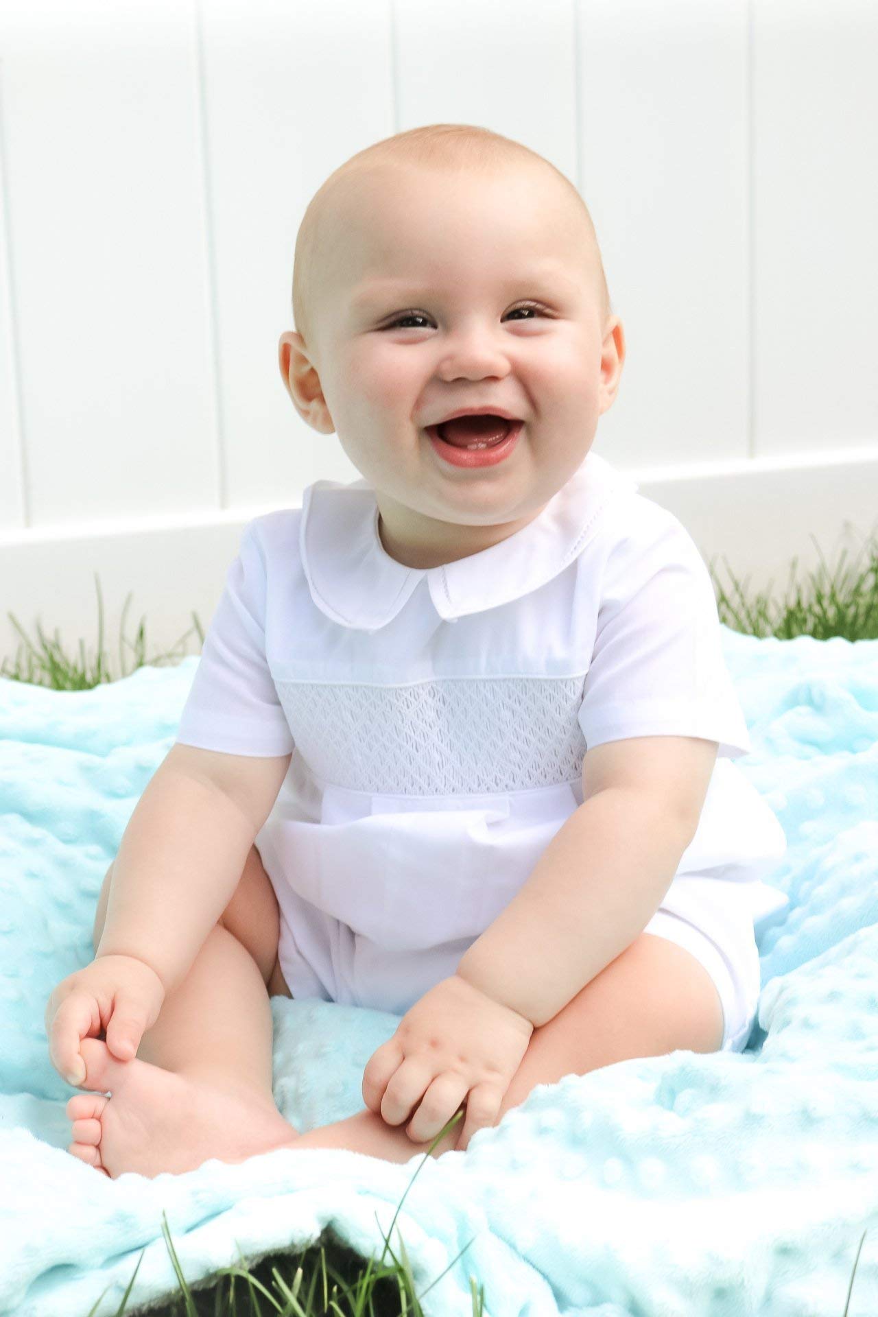 Petit Ami Baby Boys' Romper with Smocking and Faggoting, 12 Months, Blue