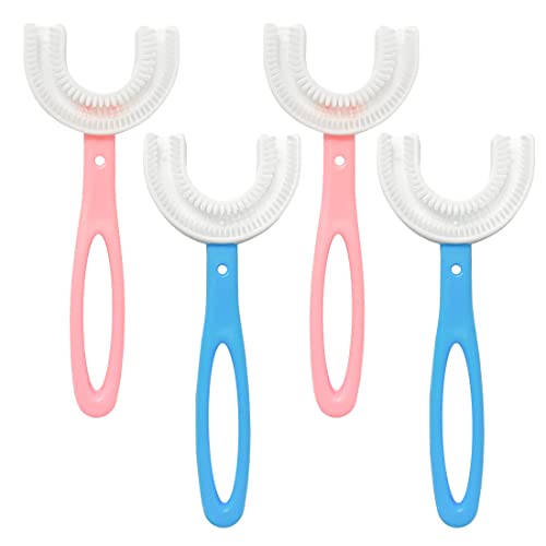 BIOSON 4 Packs Kids U Shaped Toothbrush with Silicone Bristles Massage Toddler Toothbrush, 360° All-Round Oral Cleaning Tooth Brush Whole Mouth U-Shaped Training Toothbrushes for Kids Childrens