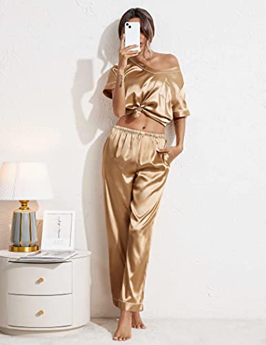 Ekouaer Womens Short Sleeve Satin Silk Pajama Set 2 Pieces Loungewear Sleepwear Long Pajama Pant Set Champagne