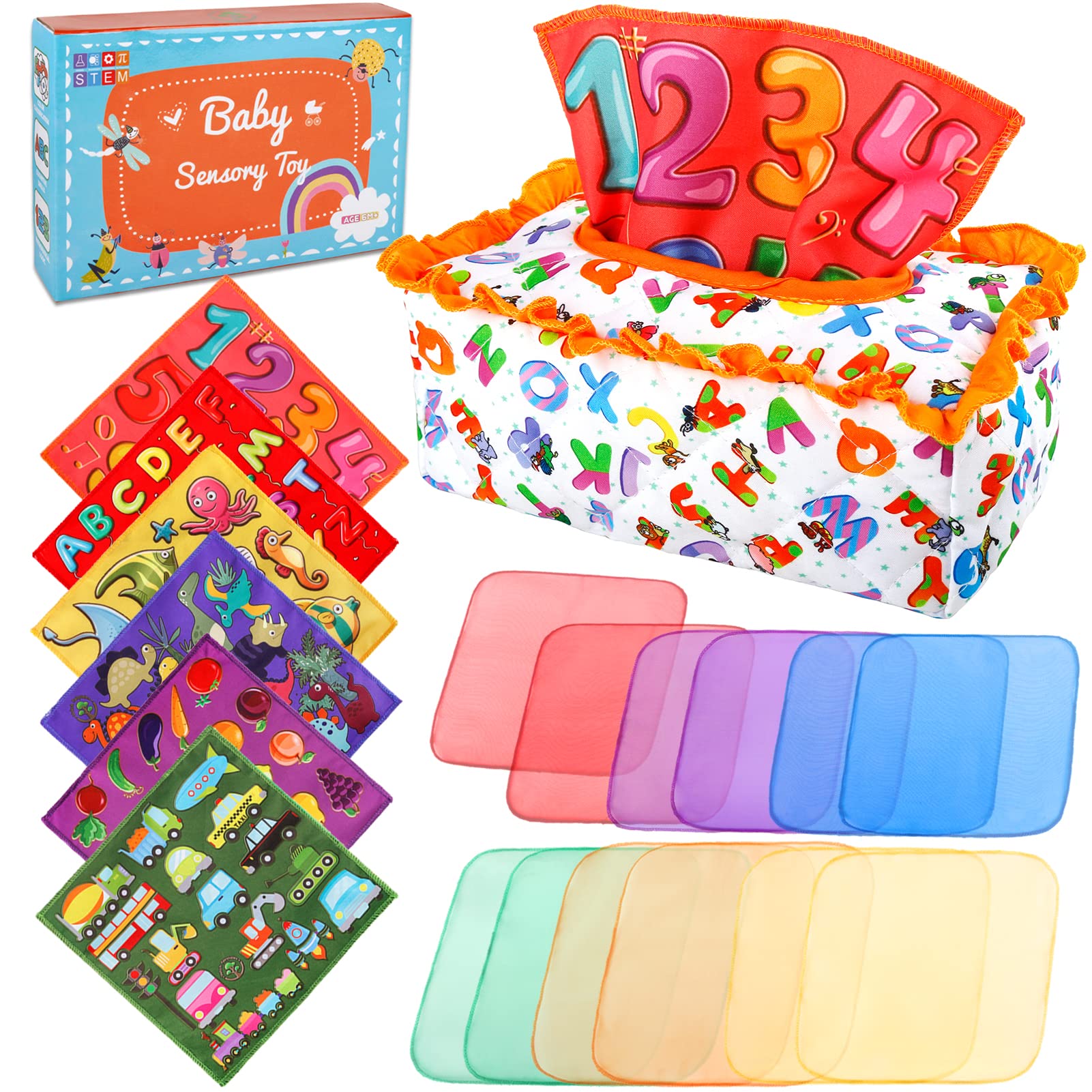 ANGREEL Baby Tissue Box Toy 6-12 Month Baby Toy Montessori Toys for Babies 6-12 Months Toddler Infant Newborn Sensory Colorful Scarves Kids Early Learning Montessori Toy Baby Gifts for 6-12 Months