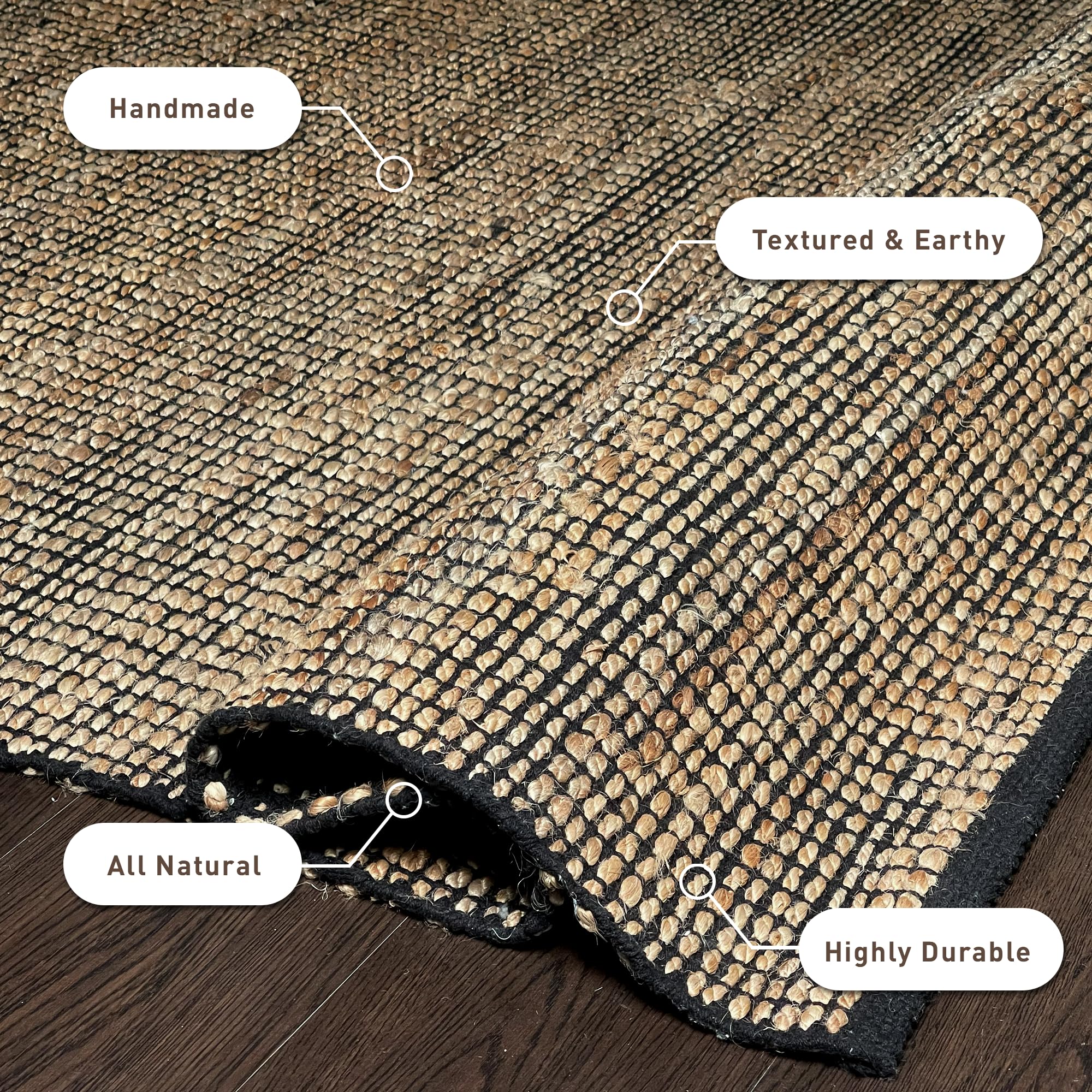 Chardin home Jute Rugs Collection- 2x5 Feet Jute Braids Rug, Boho, Rustic, Natural Jute/Black, Hand Woven Long Runner Rug for Bedroom, Living Room, Kitchen and entryways
