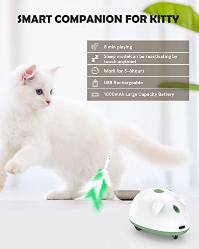 Bumfey 4-in-1 Automatic Cat Mice Toys for Indoor Cats, Interactive Electric Moving Cat Toys with Feather, LED Lights, Bird Sound, Laser, Smart Kitten Toys for Pet Exercise Playing