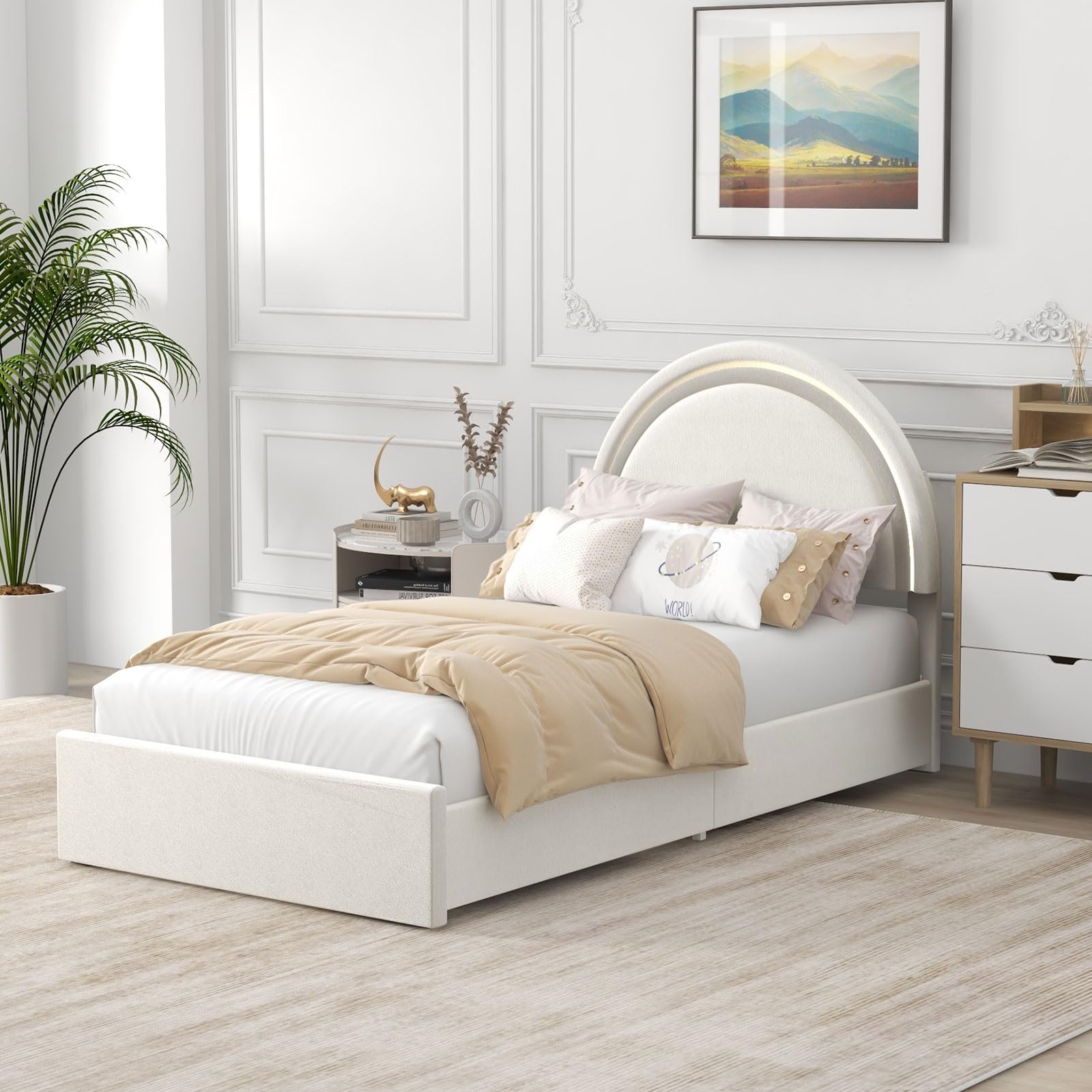 Bonzy Home Twin Size Bed Frame with LED Round Headboard, Princess Platform Bed Frame with 4 Storage Drawers, Girls Twin Bed Frame with Lights, Slats Support, No Box Spring Needed