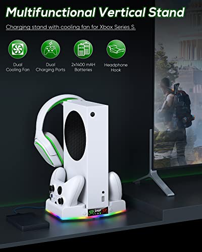Cooling Stand & Charging Station for Xbox Series S with RGB Light Strip,Dual Charger of Controllers and Cooler Fan for XSS Console Accessories with 2*1400mAH Rechargeable Battery Pack,1*Headphone Hook