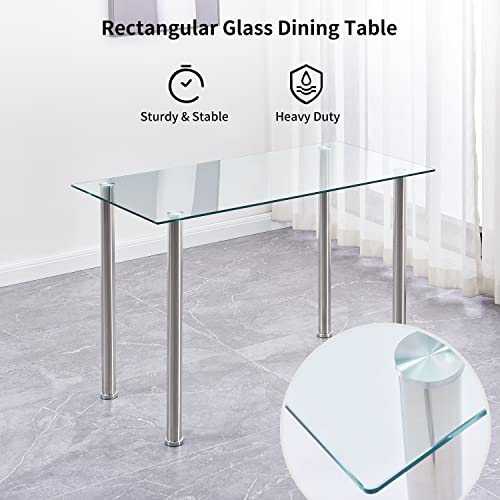Clear Glass Dining Table 45.3" * 23.6" * 29.5", Rectangular Kitchen Table with Tempered Glass Tabletop and Chrome Legs, Clear Glass Kitchen Table for Restaurant, Apartment and Small Space
