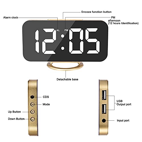Digital Alarm Clock,6" Large LED Display with Dual USB Charger Ports | Auto Dimmer Mode | Easy Snooze Function, Modern Mirror Desk Wall Clock for Bedroom Home Office for All People (Gold)
