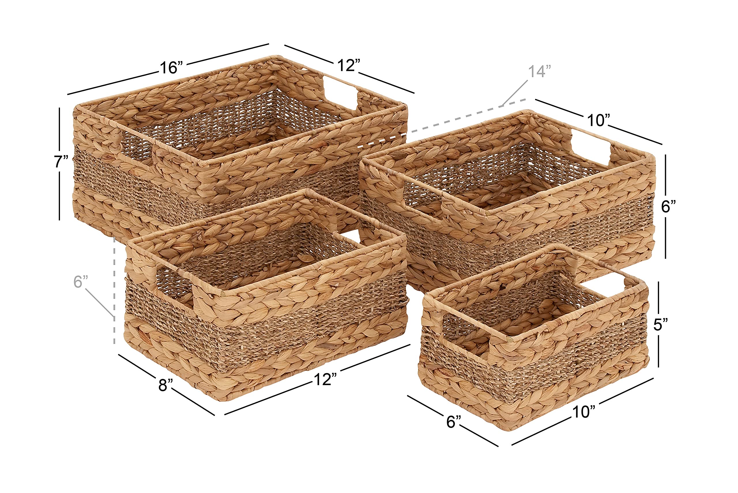 Deco 79 Seagrass Handmade Decorative and Functional Storage Basket Basket Organizer with Handles, Set of 4 Basket for Storage 16", 14", 12", 10"W, Light Brown
