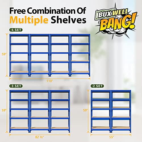 BuxWellBang 5-Shelf Heavy Duty Shelving - Adjustable Garage Storage Shelves, Metal Utility Storage Racks for Warehouse Pantry Basement Kitchen, Utility Shelves,Blue