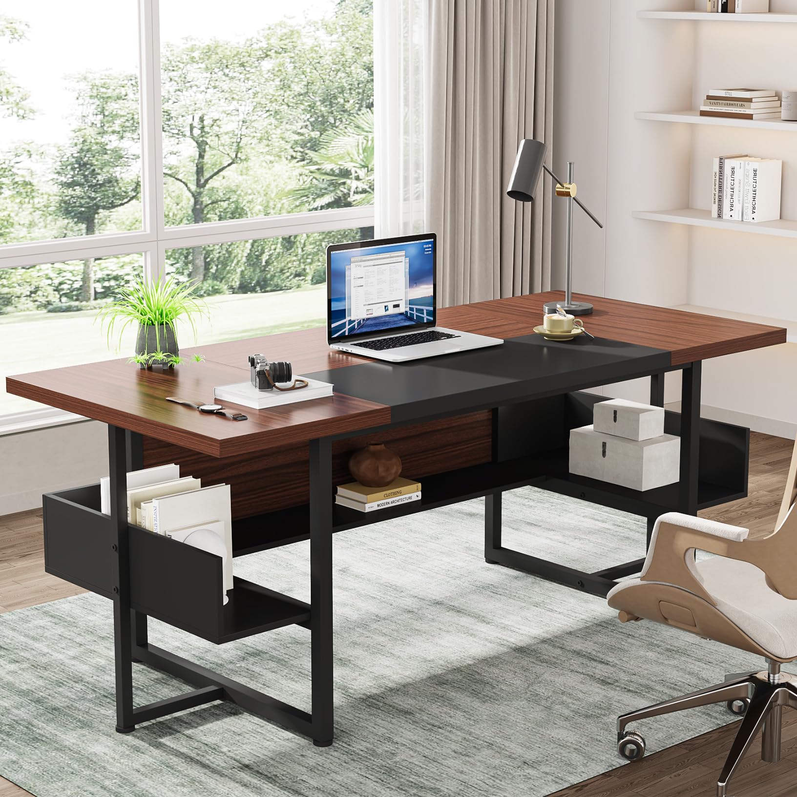 Tribesigns 62 Inch Big Computer Desk with Storage Shelves, Modern Executive Desk Workstation for Home Office Furniture, Walnut & Black