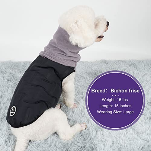 cyeollo Dog Winter Coat Puffer Jacket Vest Windproof Warm Dog Coats Jackets with Fleece High Collar for Cold Weather Pet Vest Clothes for Small Dogs Pets Apparel, Black Large