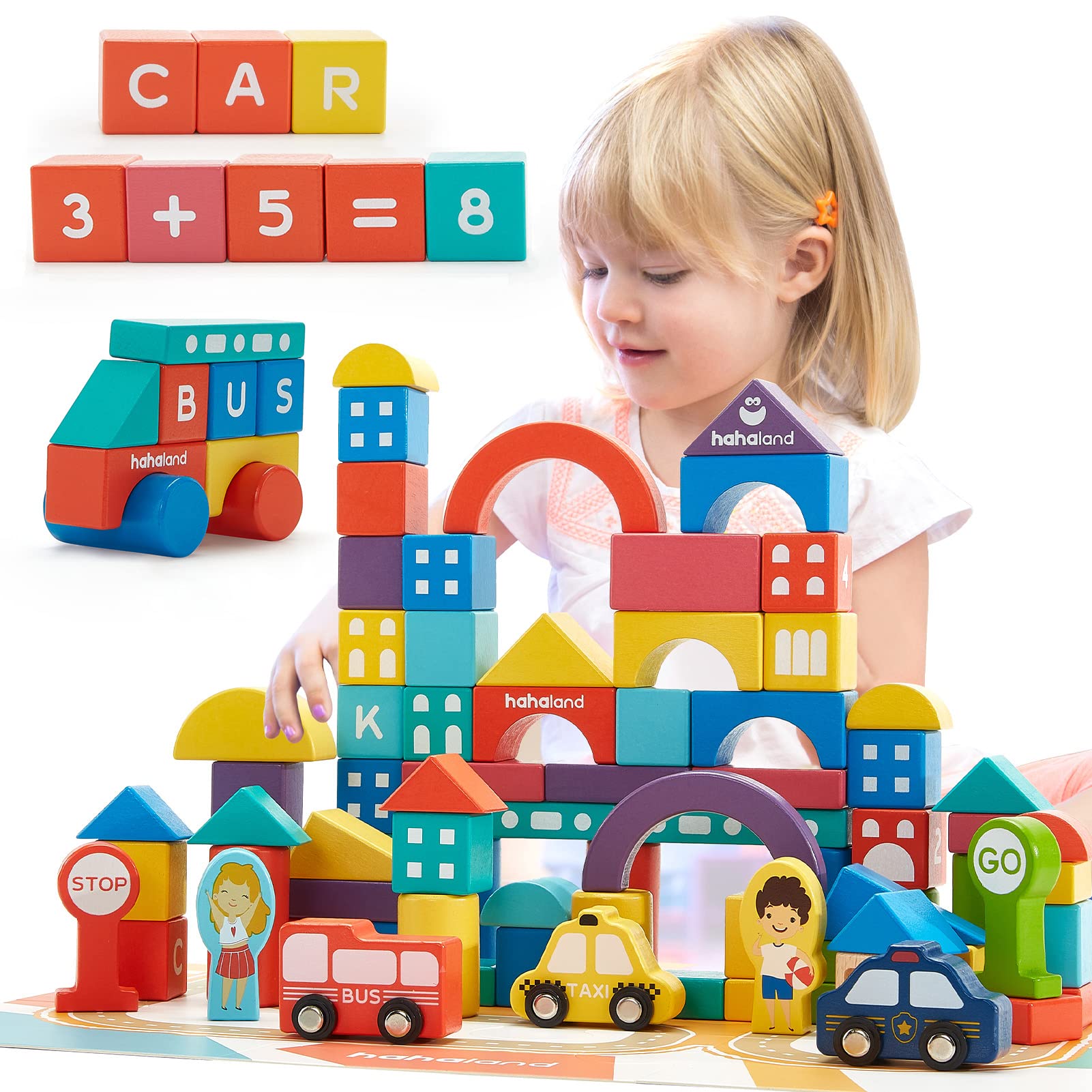 hahaland Wooden Blocks - Building Blocks Set with Number Alphabet Letter Car - City Construction Stacking Toddler Toys Montessori Toys for 3 Year Old Girls Boys Kids Building Toys for Ages 3-4-5-6
