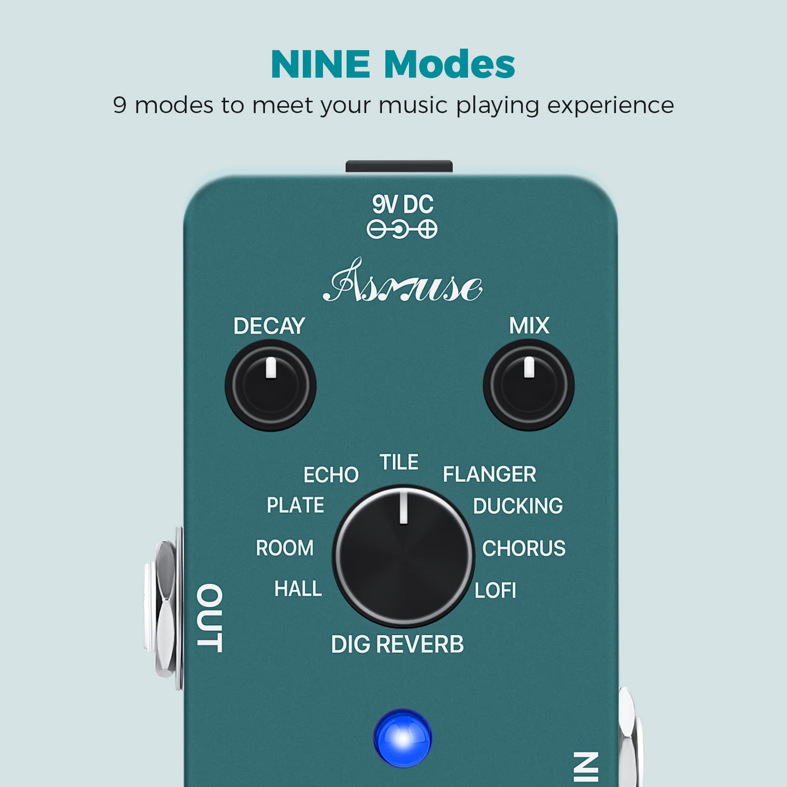 Asmuse Mini Reverb Guitar Pedal, Stereo Digital Effects Small Pedal, 9 Reverb Effects - Hall, Room, Plate, Echo, Tile, Flanger, Ducking, Chorus, Lofi, True Bypass, USB or 9V Power Supply