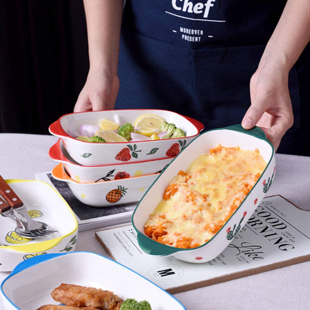 Bicuzat 8 x 5 Inch Ceramic Oven to Table Bakeware Dinner Plate, for Oven Roasting Lasagna Pan Cheese Baked Rice Bowl Baking Dish with Handle,Strawberry(1 PCS)