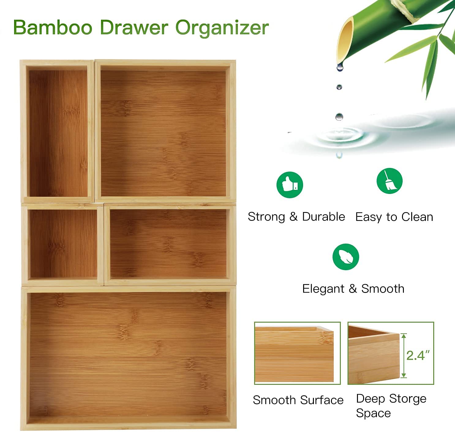 Bamboo Bed Tray Table with Foldable Legs & 5-Piece Bamboo Drawer Organizer Set