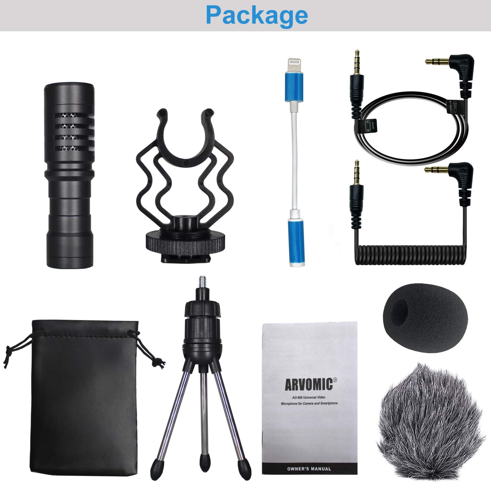 ARVOMIC Camera Video Microphone, Universal Shotgun Mic with Shock Mount, Deadcat Windscreen, Mini Tripod, Carrying Bag, Compatible with Smart Phones, Cameras, Ideal for Vlogging, Filming (AO-666B)