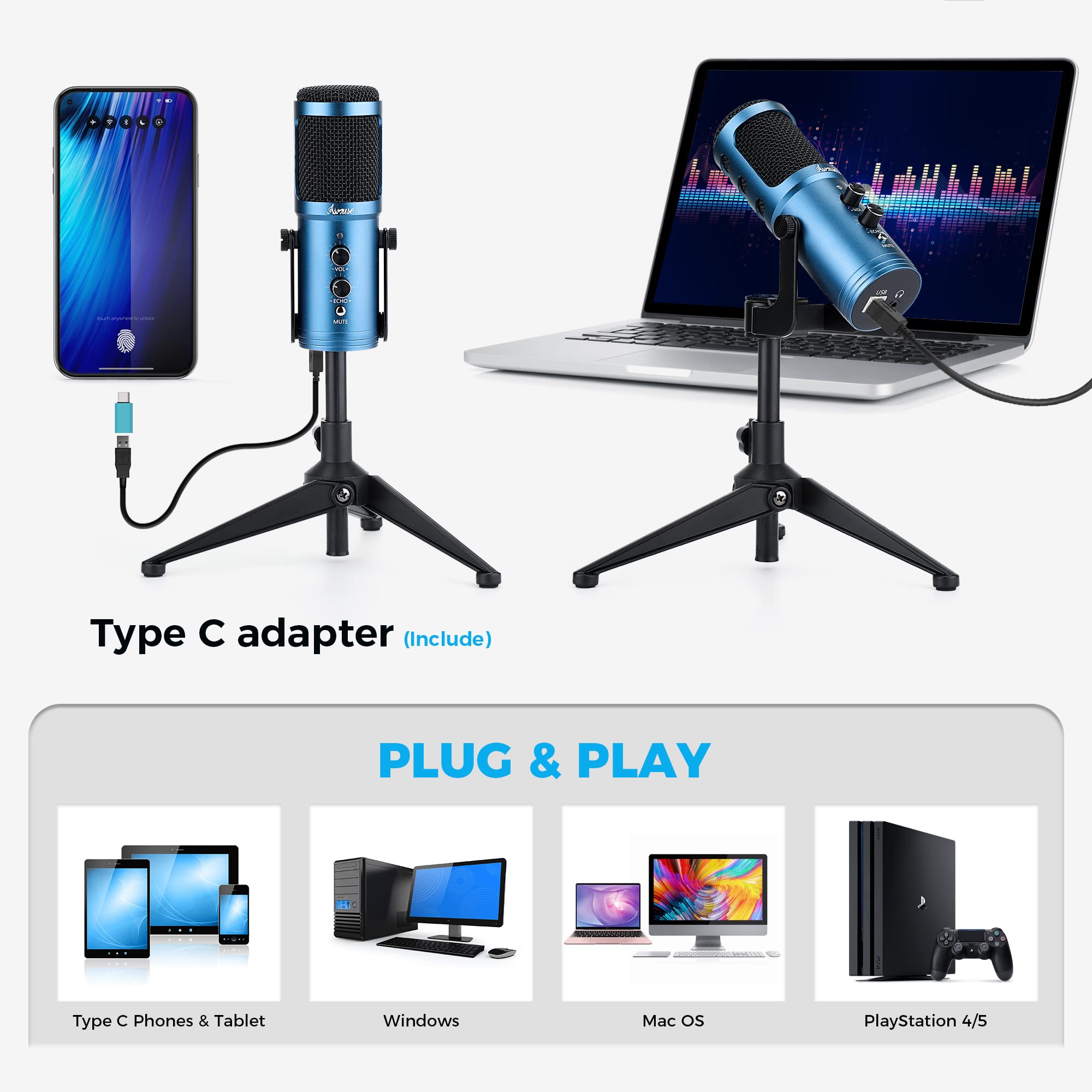 Asmuse USB Microphone Kit, Condenser Microphone with Tripod Stand, 192kHz/24bit Studio Quality Recording for Streaming, Broadcasting, YouTube, Laptop