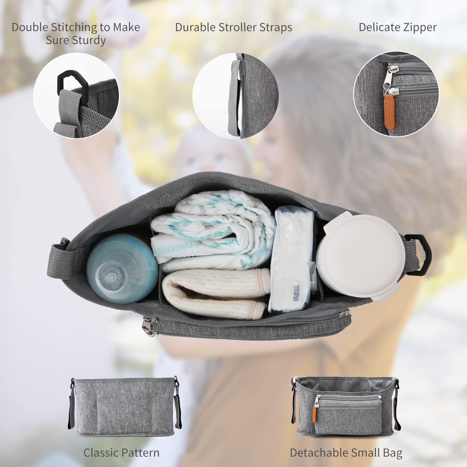Baby Stroller Diaper Caddy Organizer for Baby Storage On the Go with Muti Pockets, Non-Slip Stroller Hooks and Adjustable Strap, Gray