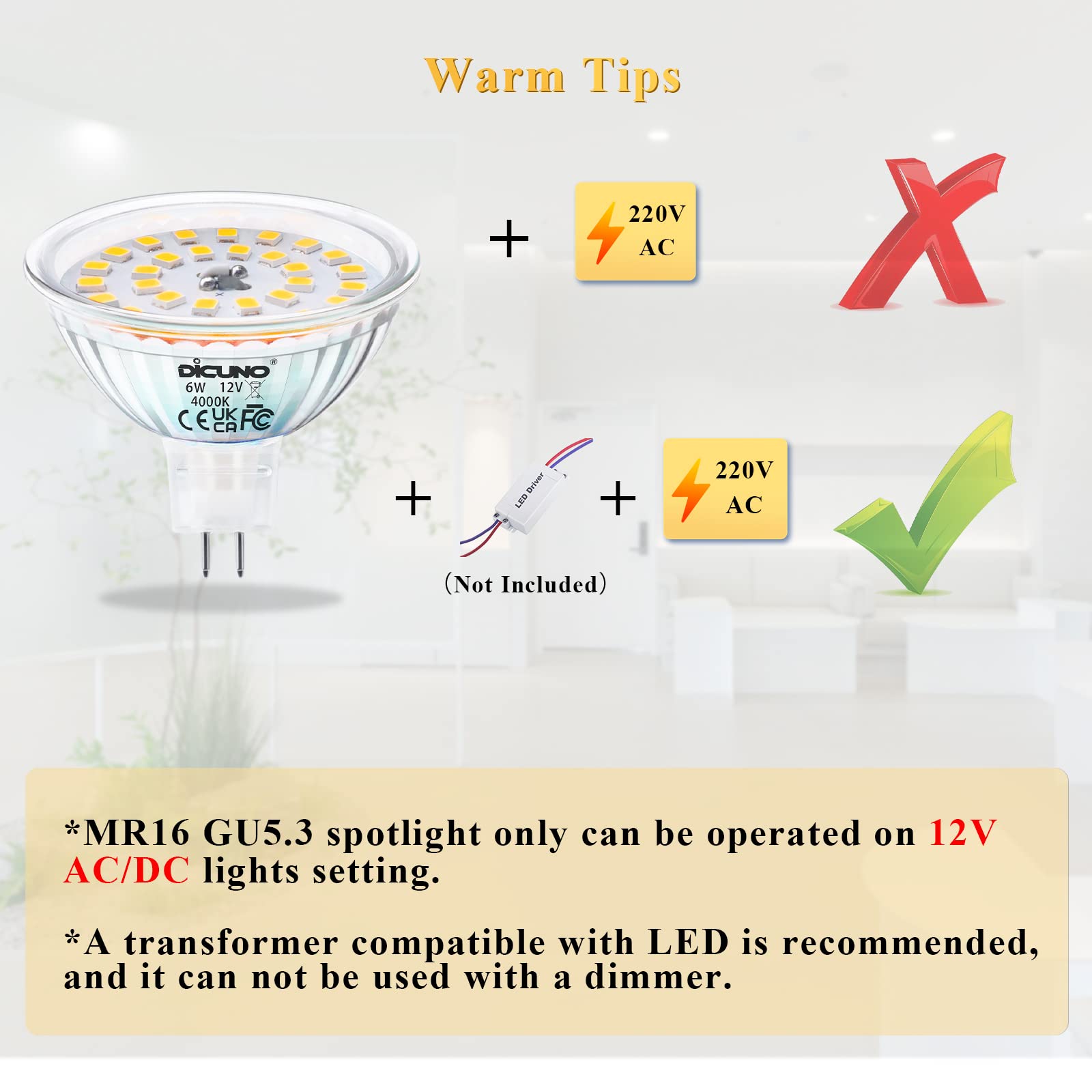 DiCUNO 6W MR16 LED Bulbs, 850LM 70W Halogen Equivalent, GU5.3 Bi-Pin Base Light Bulb 4000K Natural White, 12V Non-Dimmable 120 Degree Beam Angle, Replacement for Spotlight, Tracking Lighting, 6 Packs