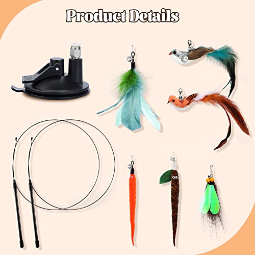 Cat Feather Toys, Interactive Cat Wand Toys with Super Suction Cup, Detachable 6 PCS Feather Refills Tail Bird Feathers with Bell, Cat Teaser Wand for Indoor Cats Kitten Play Chase Exercise (Set 1)