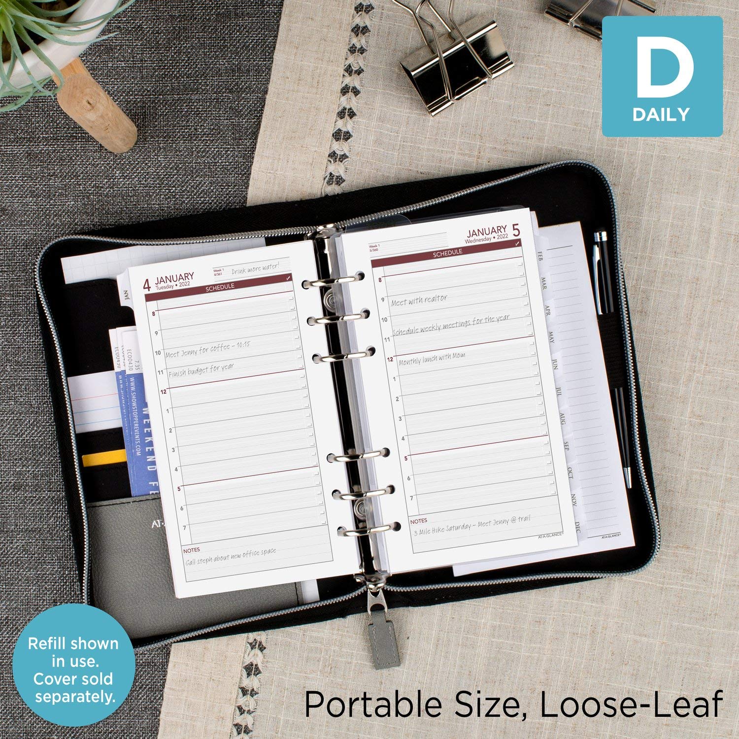 AT-A-GLANCE 2022 Daily Planner Refill by AT-A-GLANCE, 3-3/4" x 6-3/4", Size 3, Portable Size, One Page Per Day, Loose-Leaf (063-125Y)