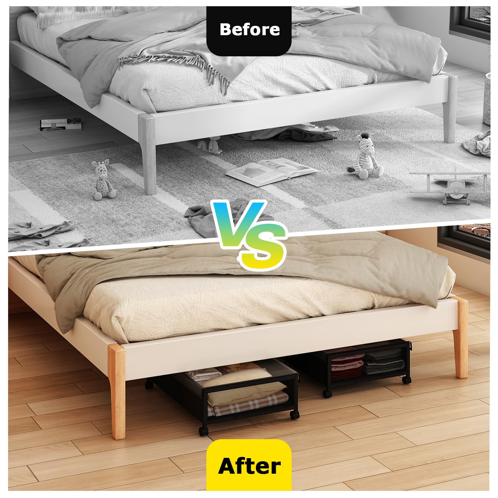 NADAMOO Under Bed Storage with Wheels and Clear Cover, Rolling Underbed Storage Containers, Metal Frame Under the Bed Organizer Bins for Bedroom Clothes Shoes Blankets Toys Books, Pack of 2