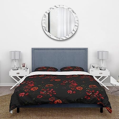DESIGN ART Designart 'Grunge Red Summer Flowers On Black' Traditional Duvet Cover Set King