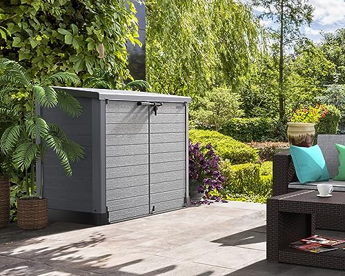 Duramax Cedargrain StoreAway 1200L Plastic Garden Storage Shed/Flat Lid - Outdoor Storage Bike Shed – Durable & Strong Construction– Ideal for Tools, Bikes, BBQs & 2X 240L Bins, 145x85x125 cm, Grey