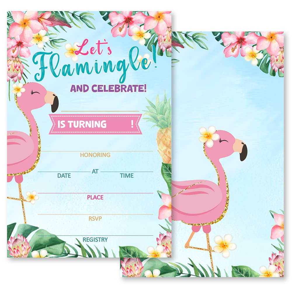 Grace Yonks Flamingo Birthday Party Invitation, Flamingo Theme Party, 20 Invitations and Envelopes, Birthday party Invitations, Birthday Party Supplies.(029)
