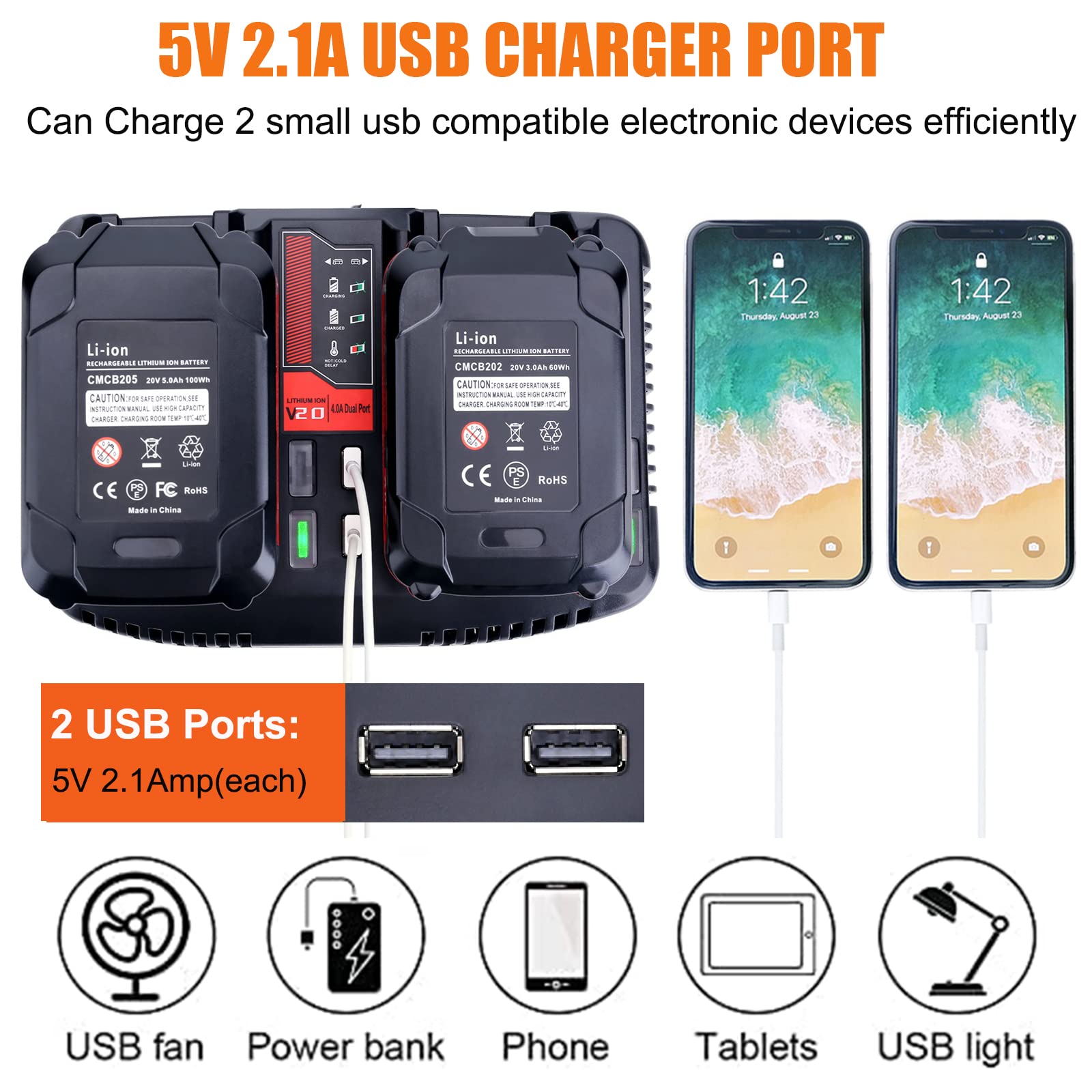 CMCB124 Dual Port V20 Battery Fast Charger Replacement for Craftsman 20V MAX V20 Battery Lithium CMCB202 CMCB201 CMCB209 CMCB205 CMCB100 CMCB102 CMCB101