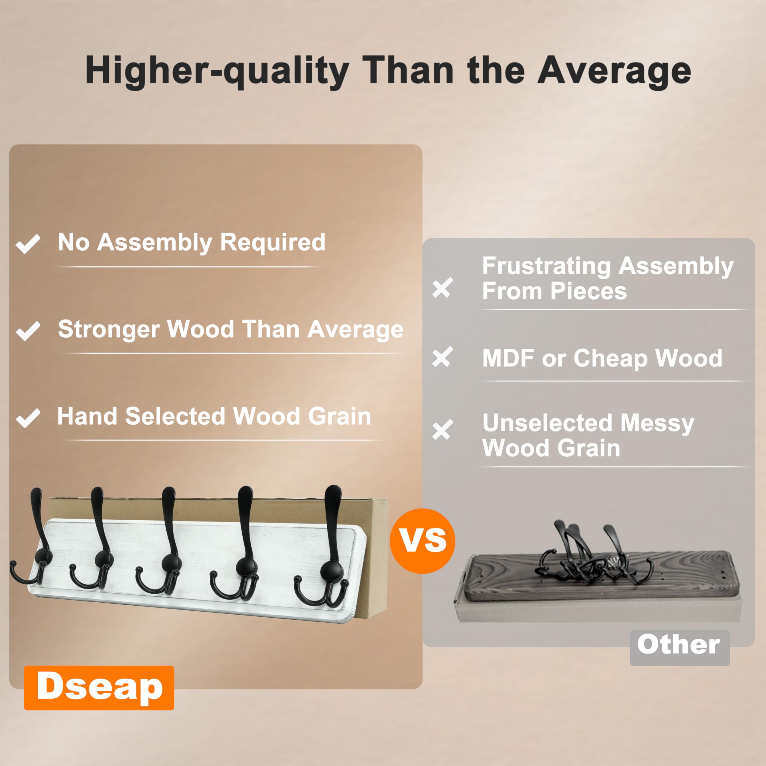 Dseap Coat Rack Wall Mounted - 5 Tri Hooks, Heavy Duty, Wooden Wall Coat Hanger Coat Hook for Clothes Hat Jacket Clothing, Natural & Black, 2 Packs