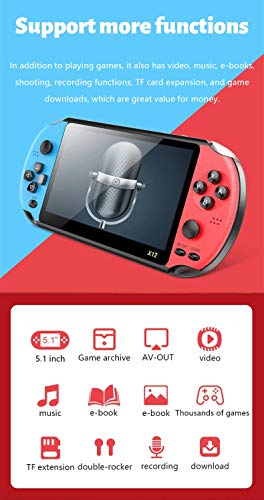 CZT New 5.1-inch Retro Video Game Console Build in 4800 Games of 9 emulators Handheld Portable Game Console Supports MP3/MP4/E-book with Rechargeable Lithium Battery mp3 mp4(Bluered)