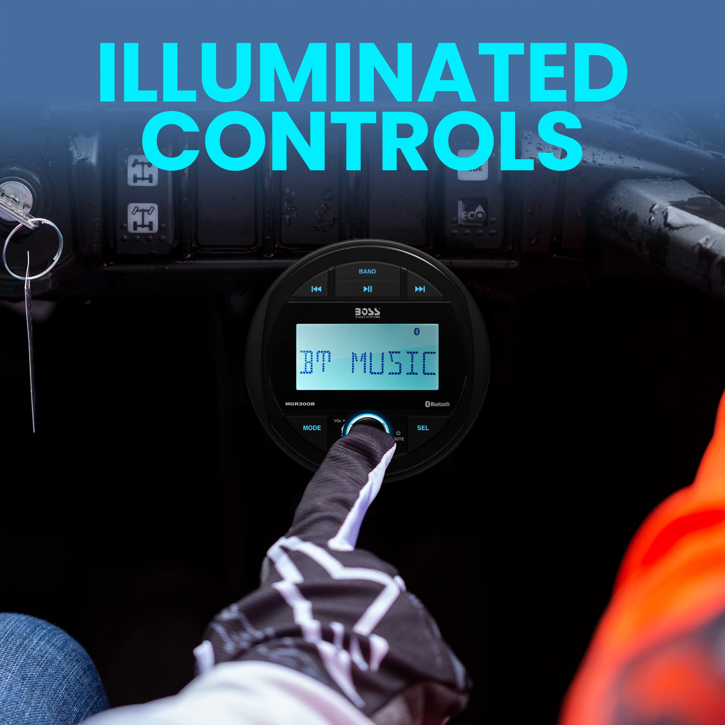 BOSS Audio Systems MGR300B Marine Boat Stereo Sound System Head Unit - No CD Player, Bluetooth Audio, IPX5 Rated, USB, MP3, AM/FM Radio Receiver