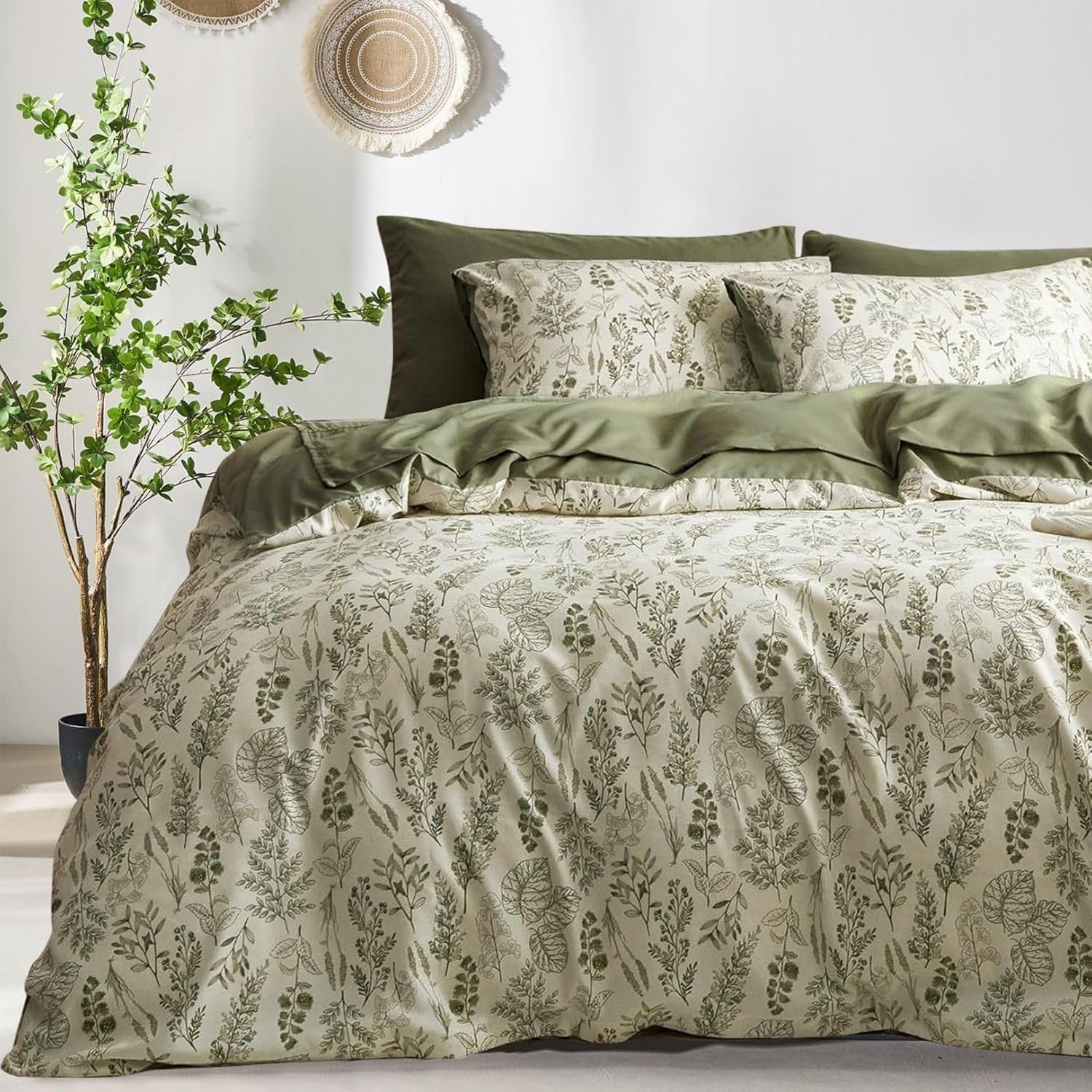 Bildenly Floral Duvet Cover Set King Size Reversible Olive Green Botanical Flower Bedding Set 3 Pieces Vintage Flower Aesthetic Soft Lightweight Comforter Cover Set for Women Girls with 2 Pillowcases