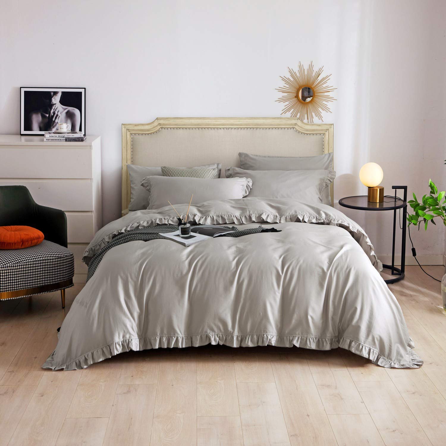 Dolce Mela Queen Size, Luscious 6 Piece Duvet Cover Set with Beautiful Ruffle Edge, 100% Long Staple Combed Cotton, Hypoallergenic, All-Season, Grey, DM809Q