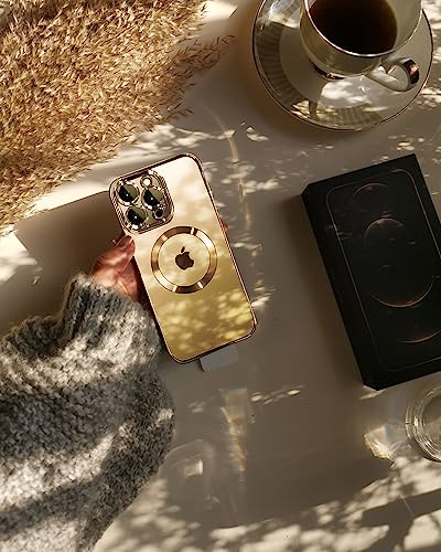 BOTOER Magnetic Matallic Glossy Designed for iPhone 14 Pro Phone Case with Full Camera Protection [Compatible with MagSafe] for Women Girls Phone Case (6.1")-Gold