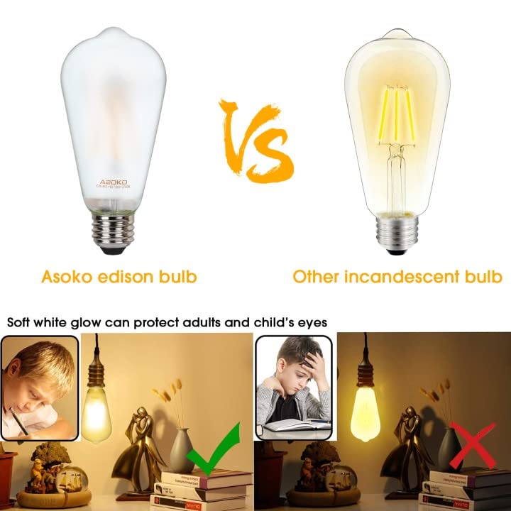 ASOKO LED Edison Vintage Clear Bulbs, 4W 4000K Daylight White, Dimmable LED Edison Bulb Antique LED Filament Bulbs, Clear Glass, 40W Equivalent, 380LM, ST64, E26 Base (4W-4000K-6Pack)