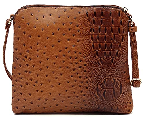 Ostrich Croc Tassel Zipper Pocket Crossbody Bag Animal Pattern Printed Shoulder Bag Womens Purse Satchel (#A-Light Brown)