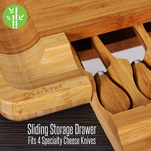 Bamboo Cheese Cutting Board Set - Flat Wood Serving Platter for Picnic Food or Wine, Rectangle Fruit and Meat Plate Kit w/Bowl, Closing Drawer Tray, 4 Stainless Steel Knives - NutriChef PKCZBD10
