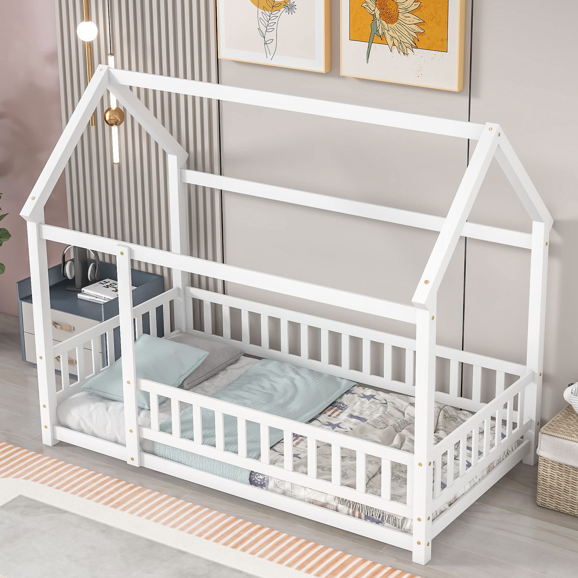 CITYLIGHT Twin Floor Bed Frame, Pine Wood, White With Roof, 20"W