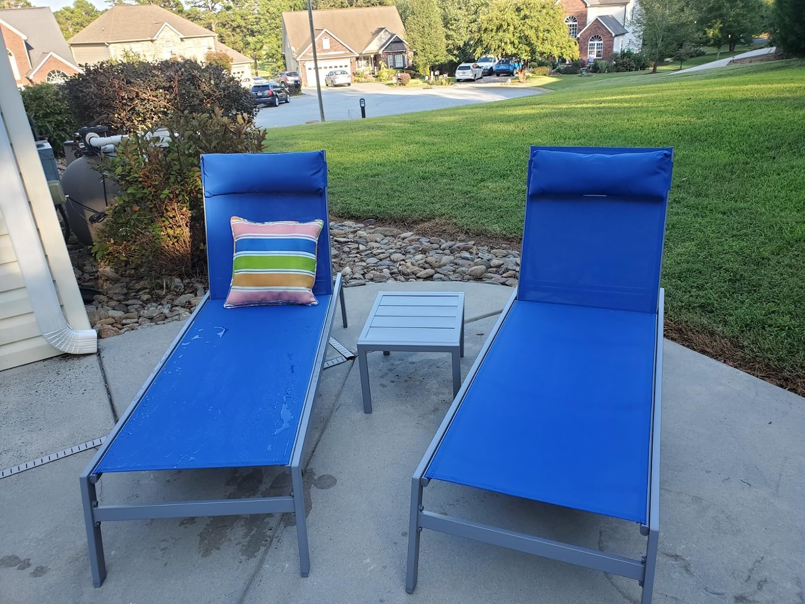Domi 3 Pieces Adjustable Chaise Lounge Set Outdoor Patio Lounge Chair All Weather Five-Position Recliner Chair Set w/Coffee Table for Patio, Pool, Yard (Blue)