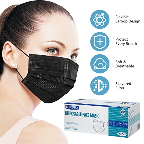 Black Disposable Face Masks - 50 Pack Black Masks for Women and Men,3 Ply Breathable Adult Face Masks