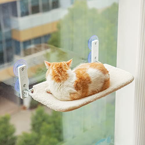 Cat Window Perch Durable Cat Hammock Seat for Indoor Cats Reversible Mat Use Year-Around Foldable Cat Bed Providing All-Around Sunbath Saving Space Washable Holds Up to 40 lbs (Plush Beige)