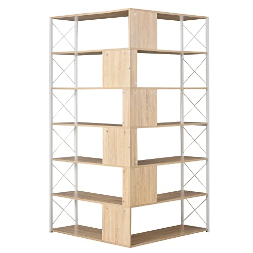 Bookcase 7-Tier Tall Corner Bookshelf, Freestanding L Shaped Storage Organizer Book Shelf with Metal Frame for Living Room Study Room Office