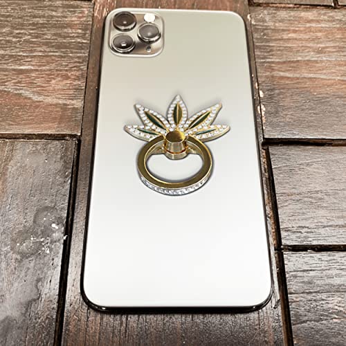 Cell Phone Ring Grip 360 Degree Rotation, Sparkly Crystal Stones Happy Leaf Design, Compatible with iPhone and Android Phone,Gold/Green,6008A-30