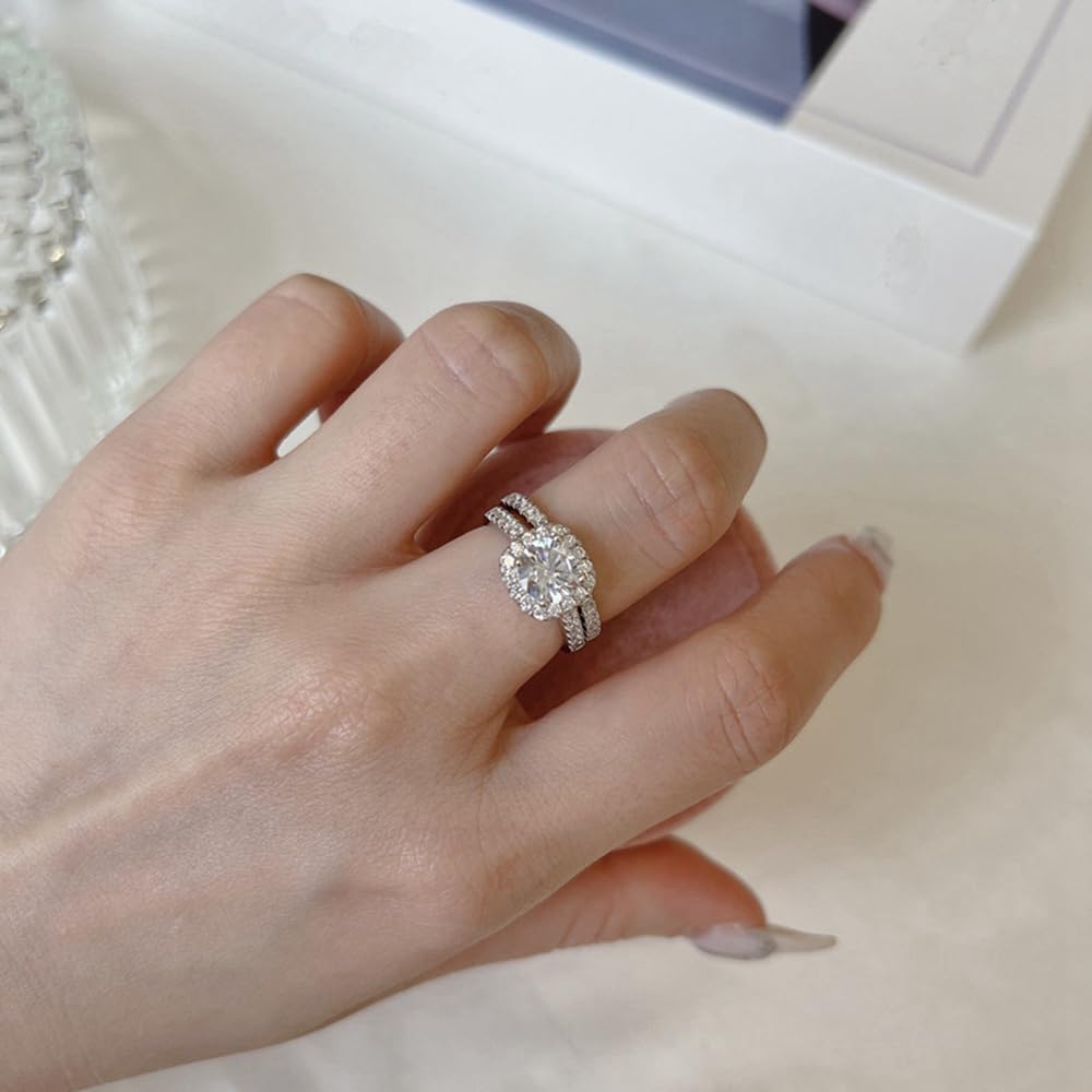 Halo Wedding Ring Set for Women Bridal Sets Wedding Rings Platinum Plated Silver, 1-1/2 Carat (ctw) Moissanite Engagement Ring Set White Gold Anniversary Promise Rings(size 7)